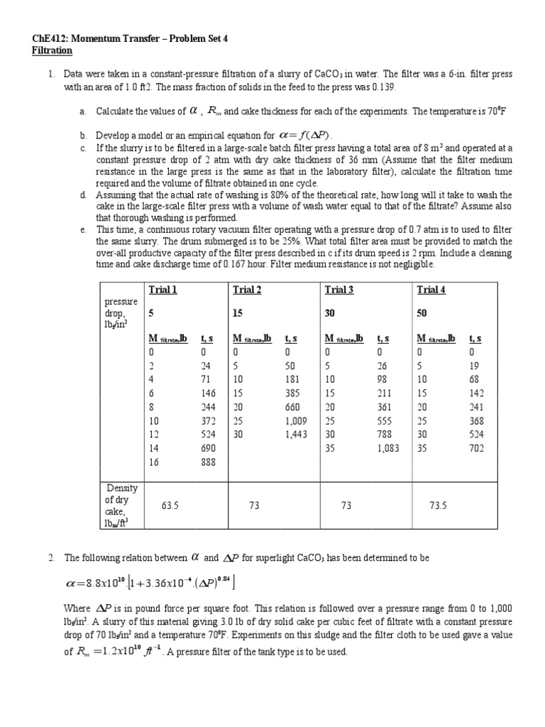 Problem Set 4 - Filtration | PDF | Filtration | Chemical Engineering