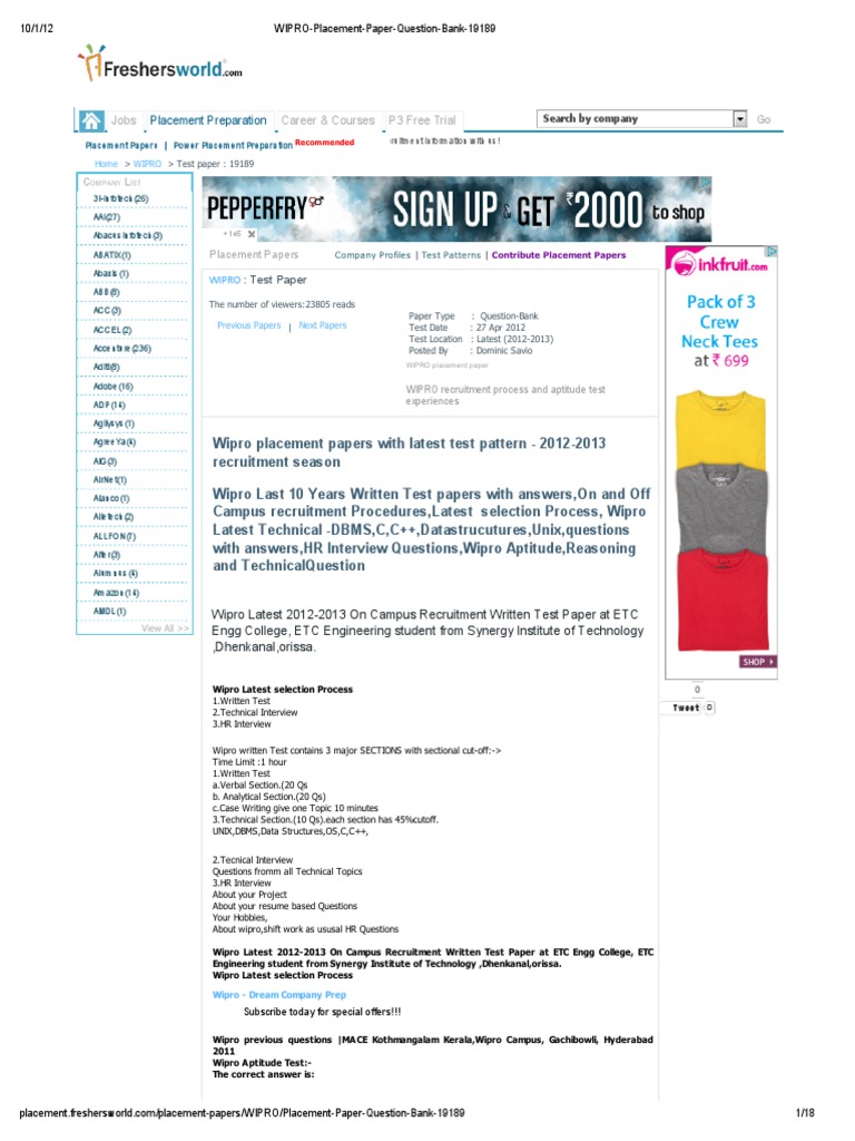 Wipro Placement Paper Question Bank 19189 Pdf C Programming Language Microwave 5625