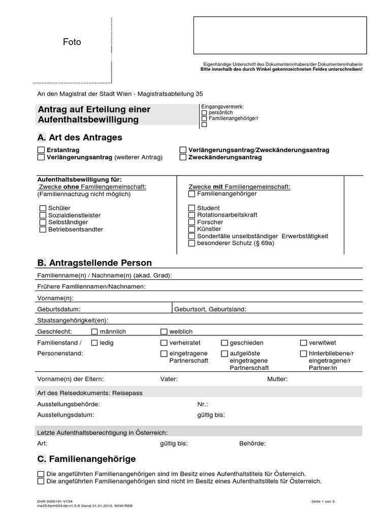 Formular Aufenthaltsbewilligung
