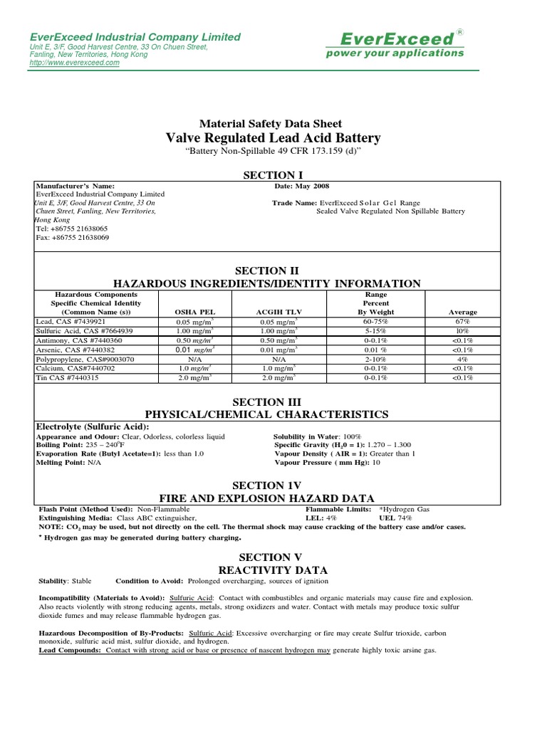 EverExceed - Batería - MSDS - Solar Gel Range VRLA - 2008 | Hazardous ...