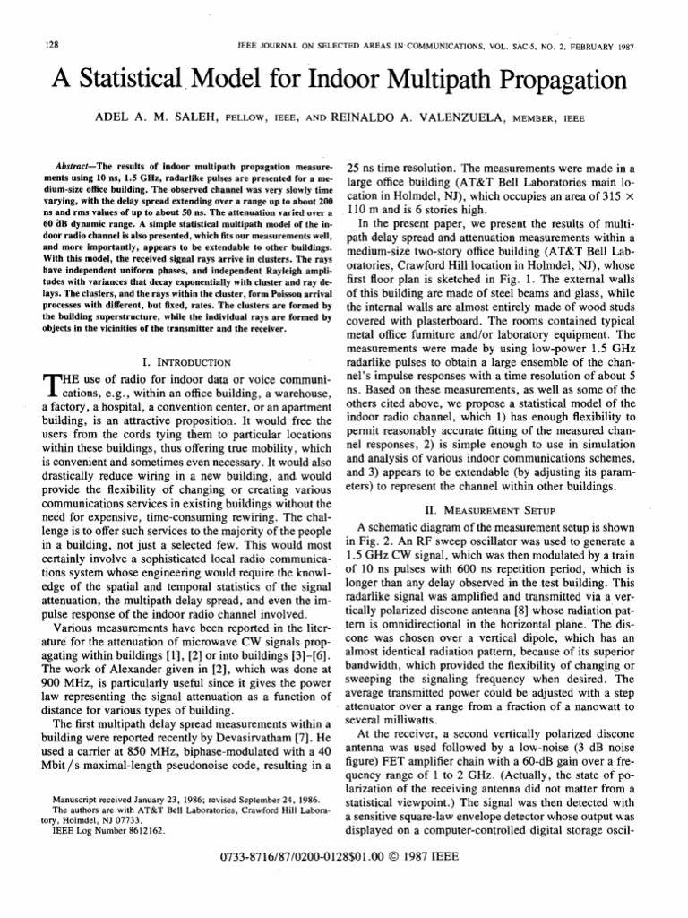 A Statistical Model For Indoor Multipath Propagation | PDF | Antenna ...