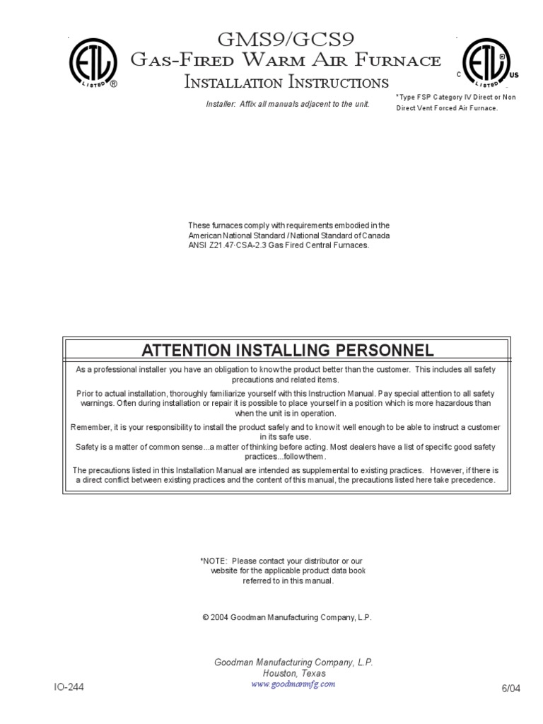 GMS9 Installation Instructions | PDF | Furnace | Ventilation (Architecture)