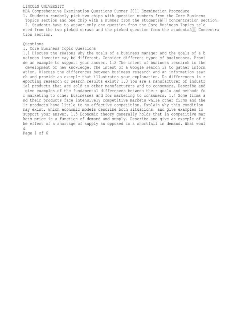 MBA Comprehensive Exam Questions Summer 2011 | PDF | Software ...