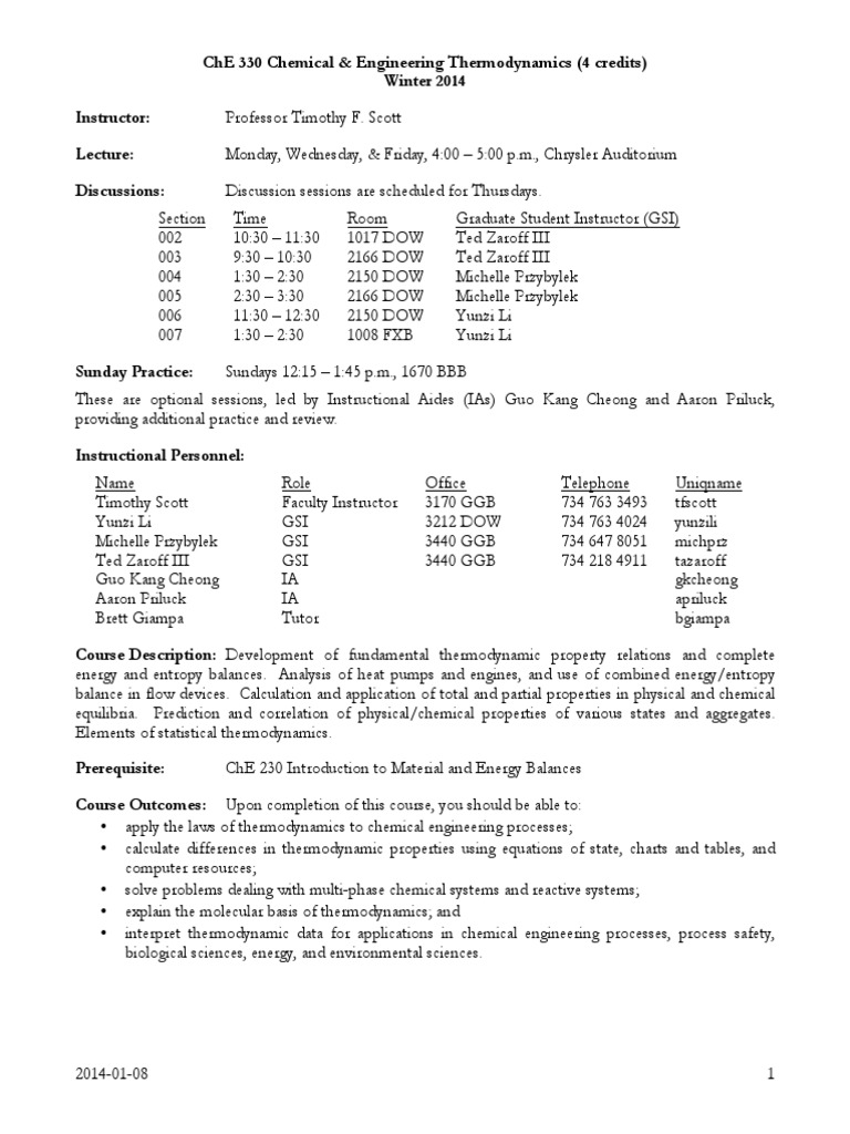 CHE 330 Syllabus | PDF | Chemical Equilibrium | Entropy