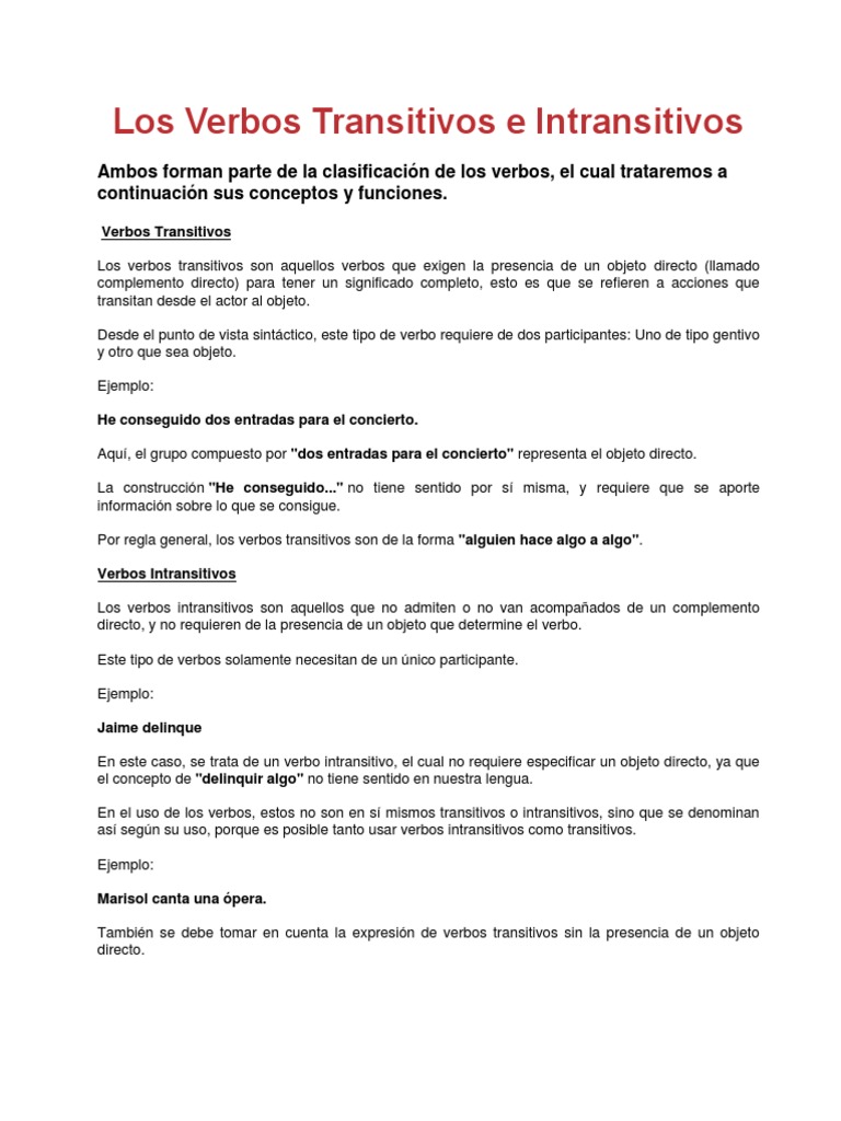 Los Verbos Transitivos e Intransitivos | PDF | Verbo | Objeto (gramática)