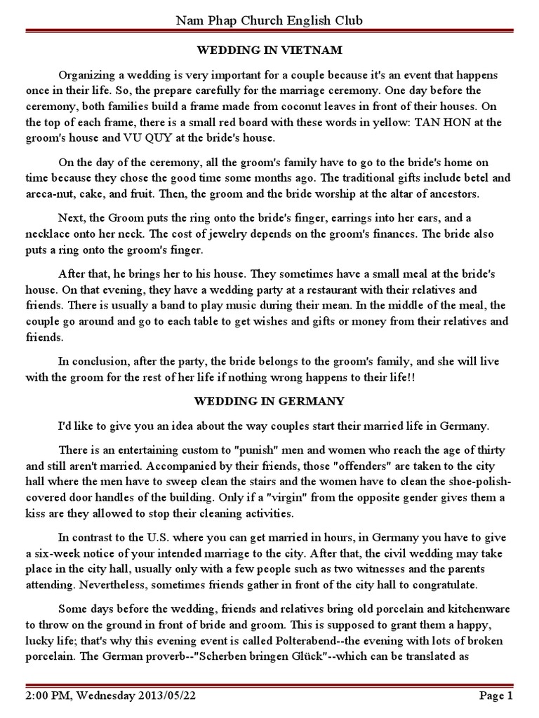 WEDDING - Ideas For IELTS | PDF | Wedding | Bride