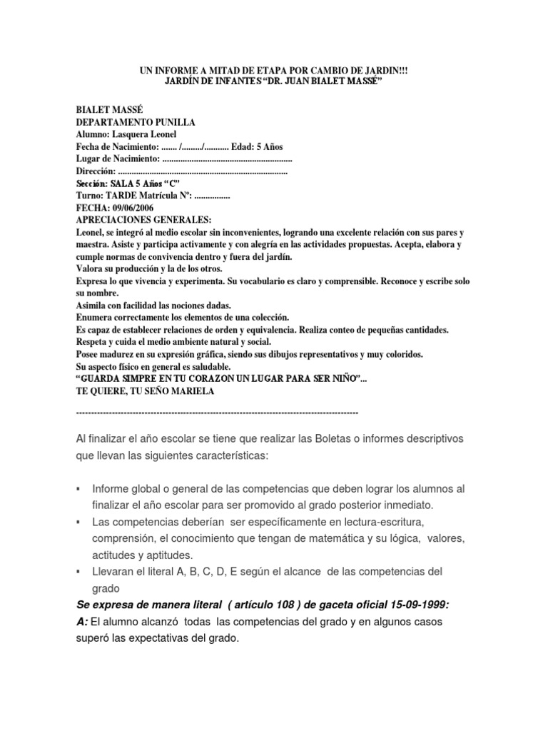 Informes Descriptivo Para Preescolar