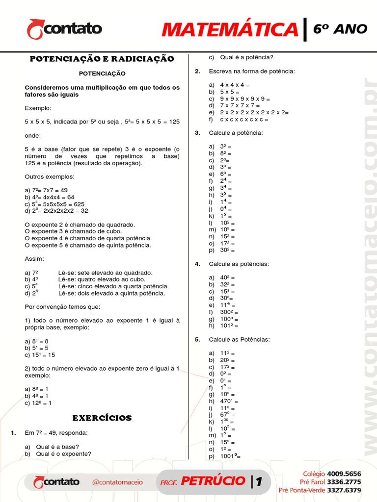 Matematica 6 Ano Lista de Matematica 2 Bim (1) | Exponenciação ...