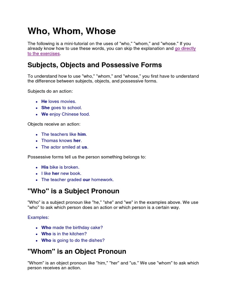 Who, Whom, Whose | PDF | Sentence (Linguistics) | Adjective