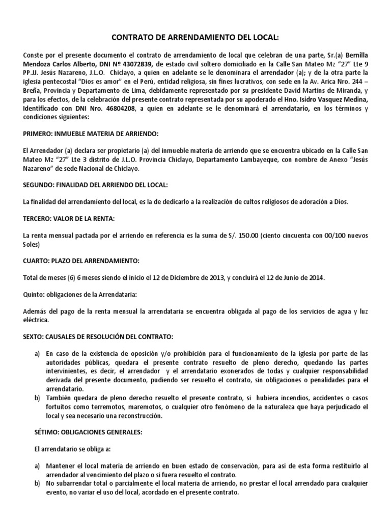 Formato de contrato de arrendamiento de local comercial Diario
