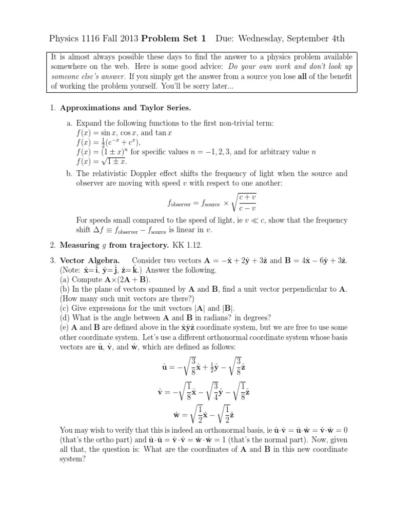 Physics 1116 Problem Set 1 | PDF | Vector Space | Line (Geometry)