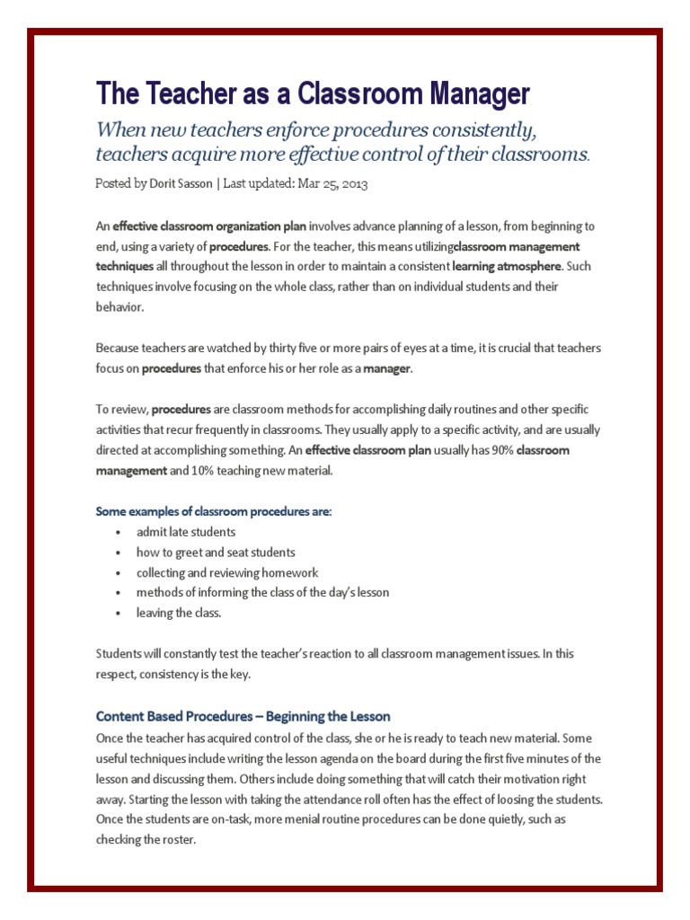The Teacher as a Classroom Manager | Classroom Management | Teachers