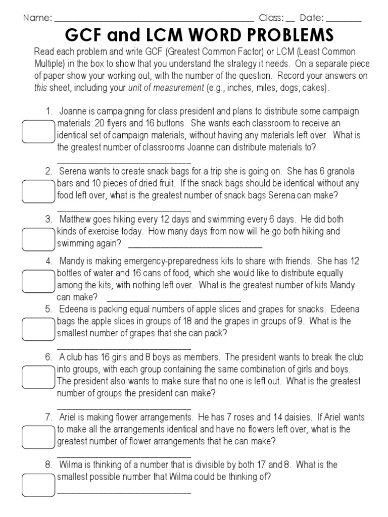 GCF and LCM Word Problems | PDF | Foods | Leisure