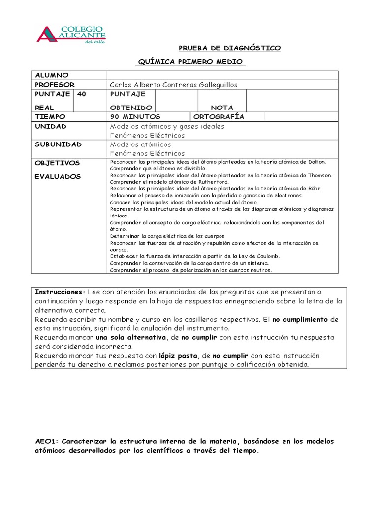 Prueba De Diagnóstico Química Primero Medio átomos Electrón