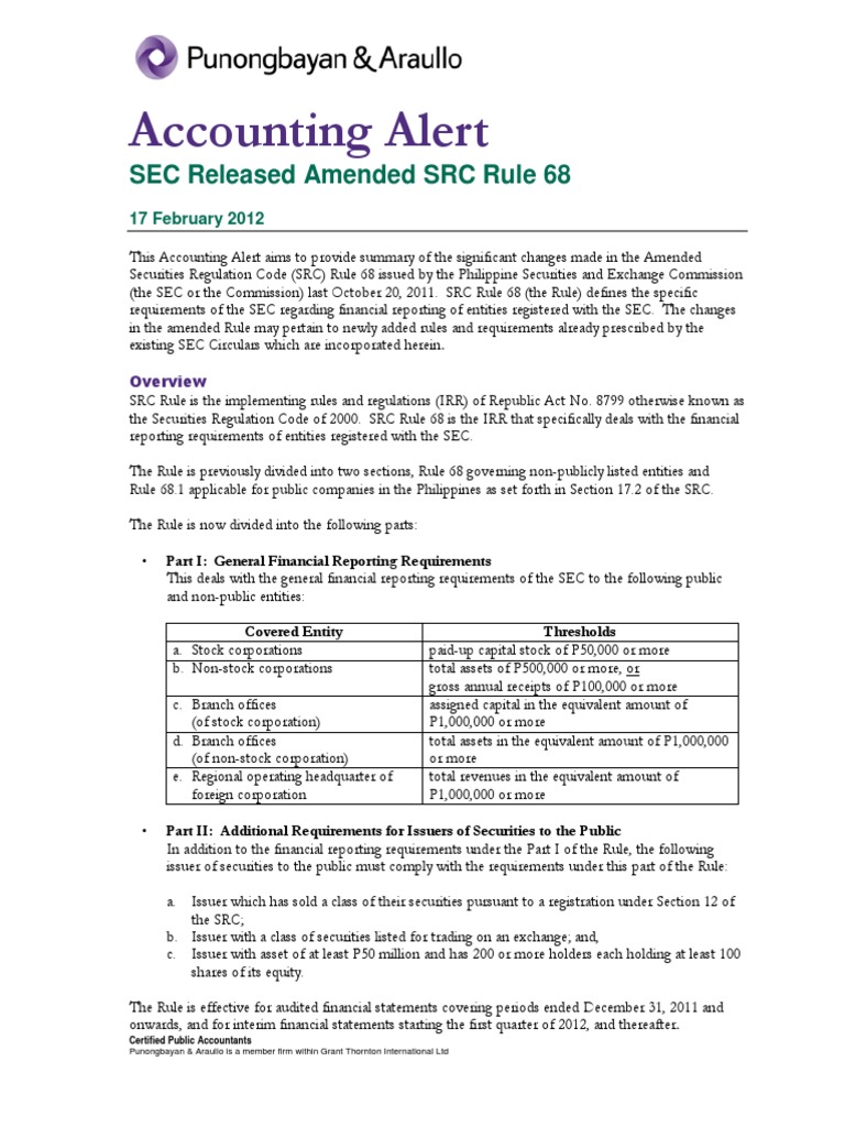 Accounting Alert SEC Amended SRC Rule 68 | PDF