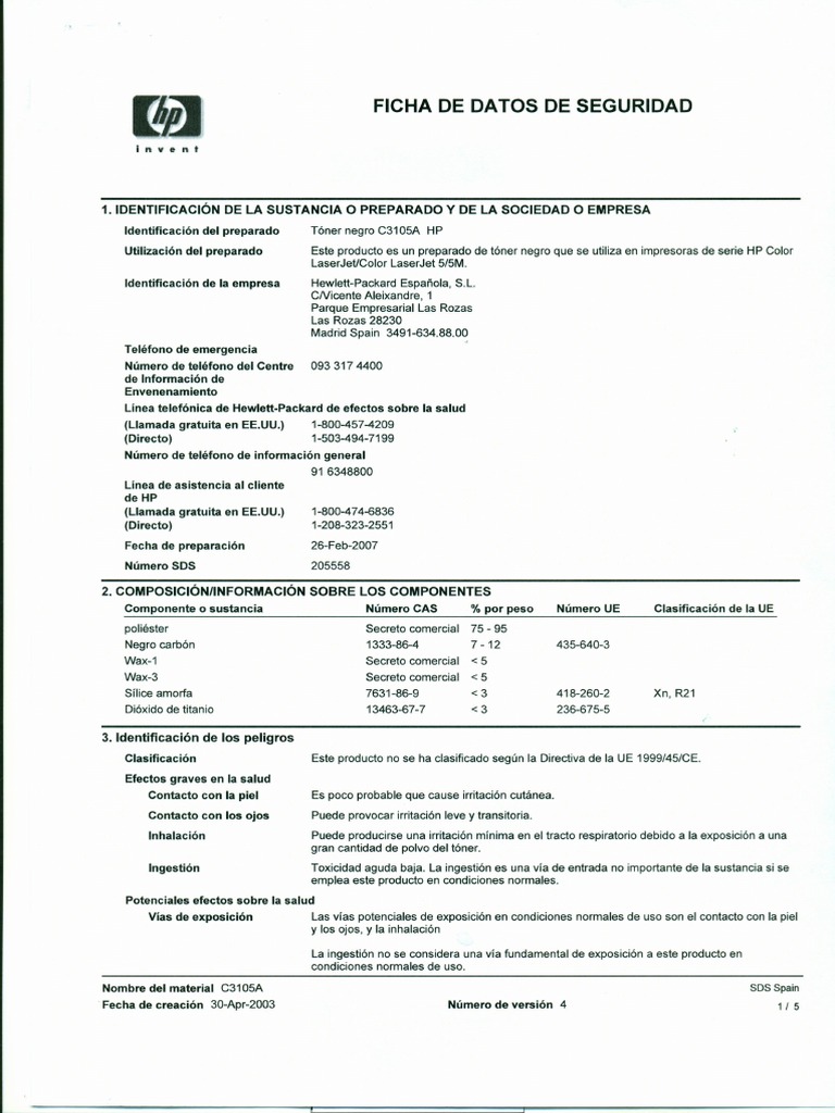 Ficha de Datos de Seguridad para Tóner Negro C3105A HP | PDF | Carbón ...