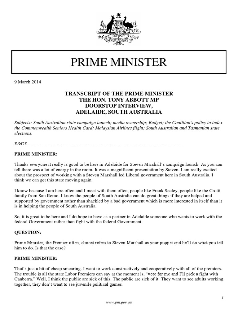 14-03-09 Doorstop Interview Adelaide | PDF | Australia | Government