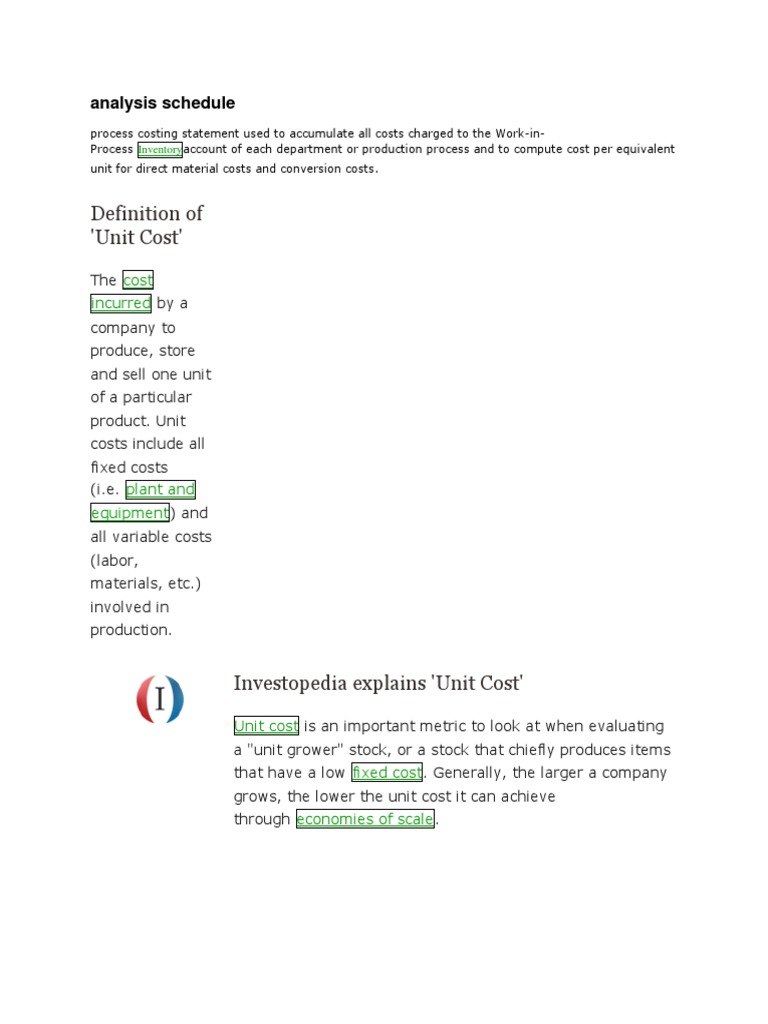 Definition of 'Unit Cost': Analysis Schedule | PDF