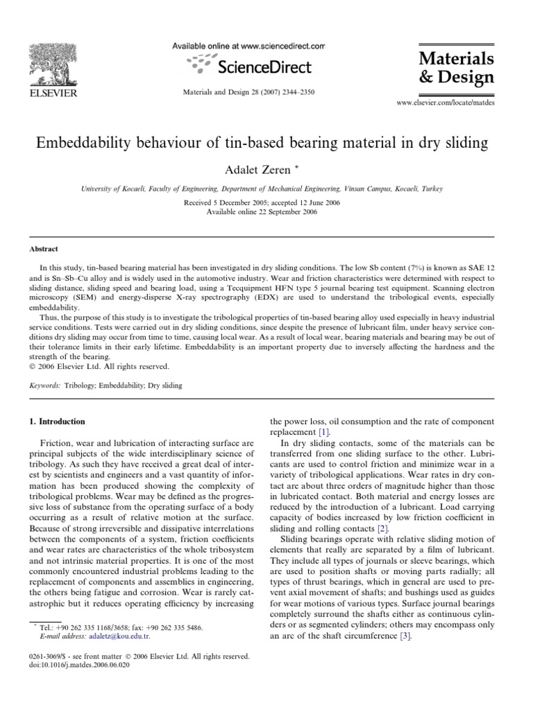 Embeddability of Tin-Based Bearings | PDF | Wear | Bearing (Mechanical)