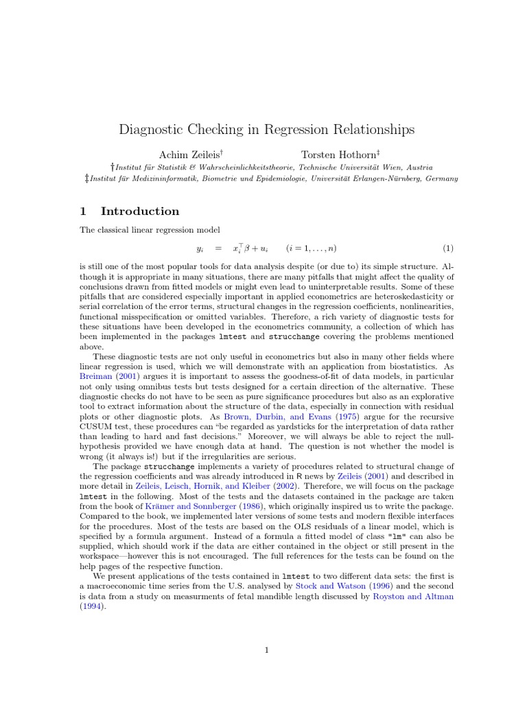Diagnostic Checking in Regression Relationships: Achim Zeileis Torsten Hothorn | PDF ...