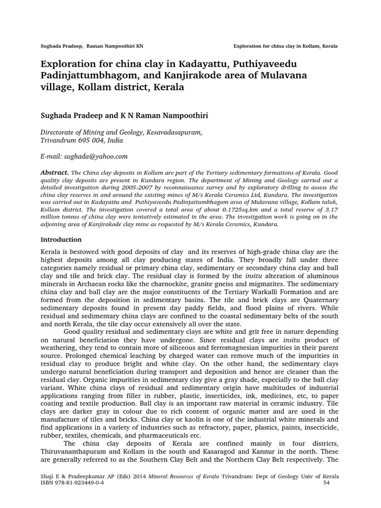 Exploration for china clay in Kadayattu, Puthiyaveedu Padinjattumbhagom ...