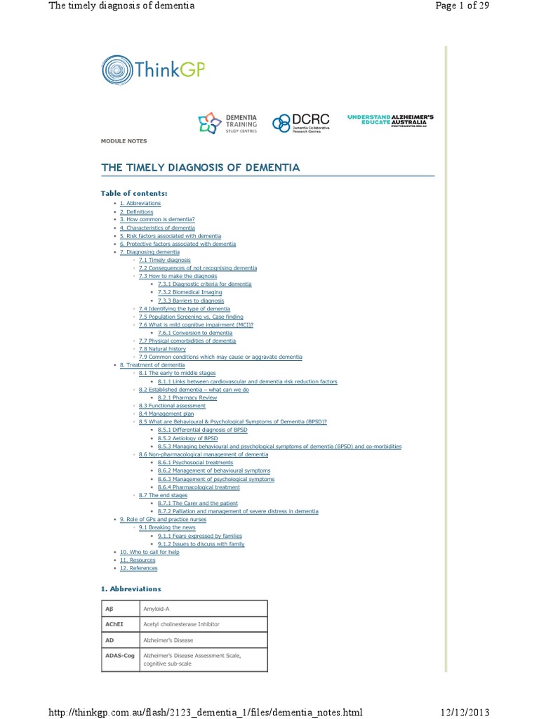 Dementia Note | PDF | Dementia | Alzheimer's Disease