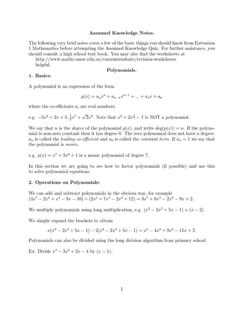 Extension 1 Maths Assumed Knowledge Guide | PDF | Trigonometric ...