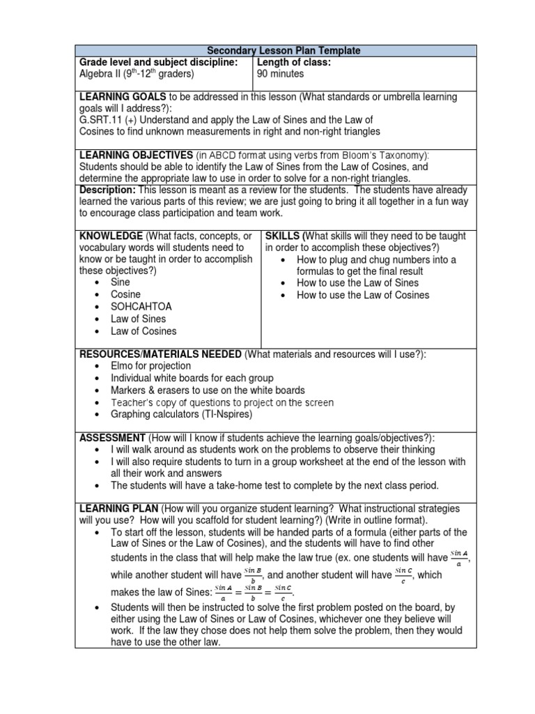 Law of Sines and Cosines Lesson Plan | PDF | Lesson Plan ...