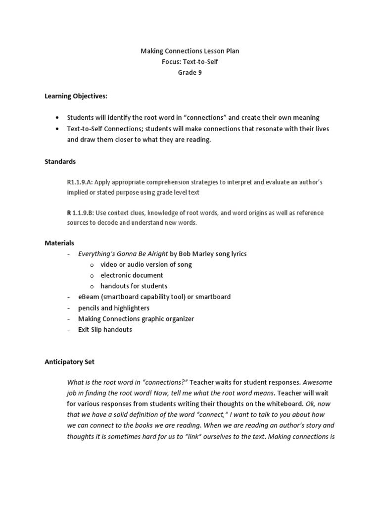 Grade 9 Text-to-Self Connections Lesson | PDF | Reading Comprehension ...