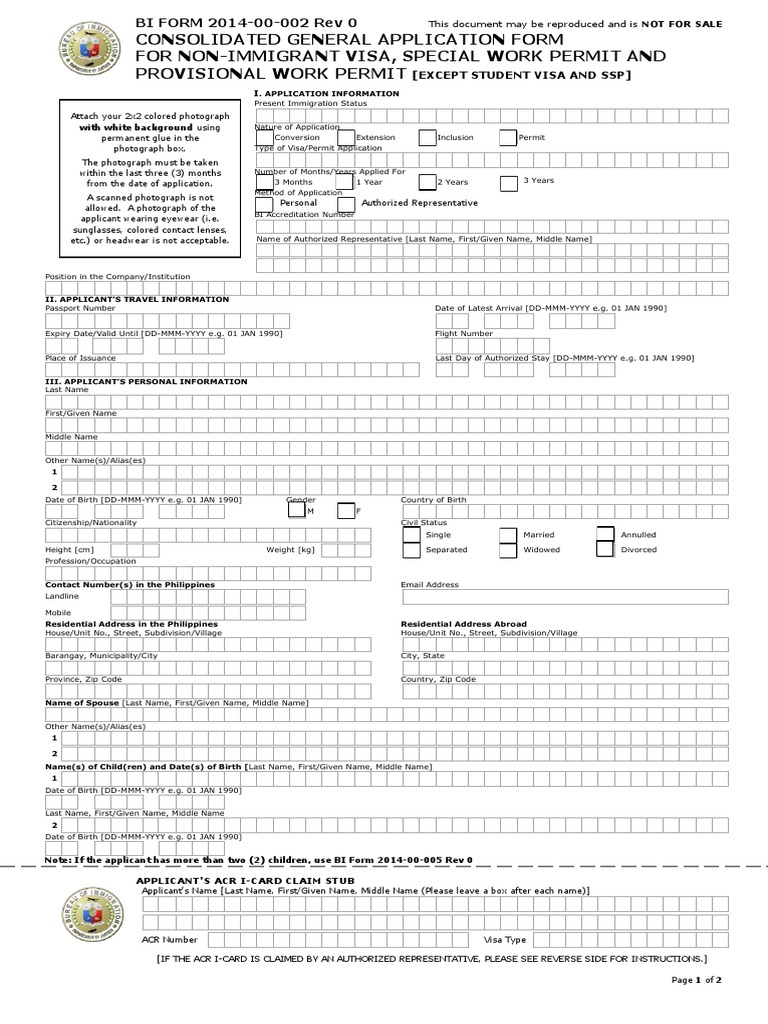 BI Form 2014-00-002 Rev 0 CGAF For Non-Immigrant Visa Special Work ... BI Form 2014-00-002 Rev 0 CGAF For Non-Immigrant Visa Special Work ...
