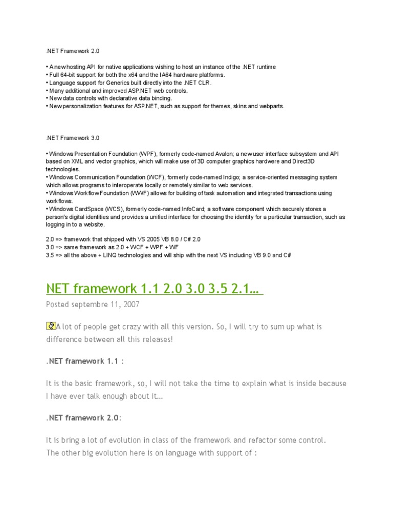 Overview of .NET Framework Versions | PDF | Application Programming ...
