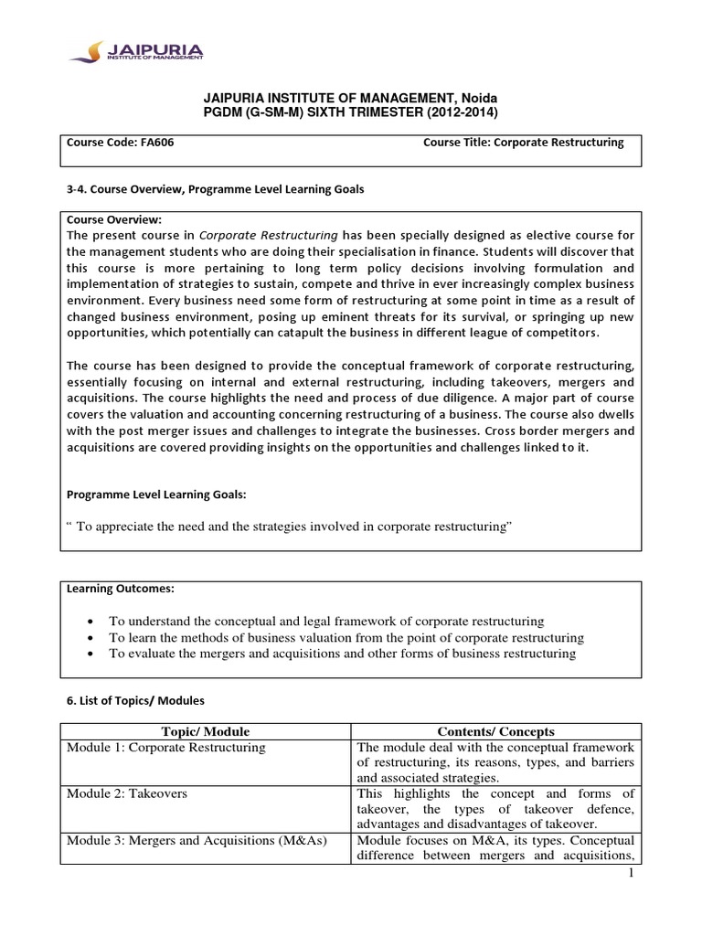 Corporate Restructuring | PDF | Mergers And Acquisitions | Due Diligence
