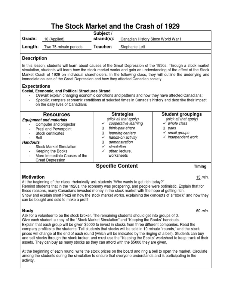 Stock Market Crash - Formal Lesson Plan | Download Free PDF | Business ...