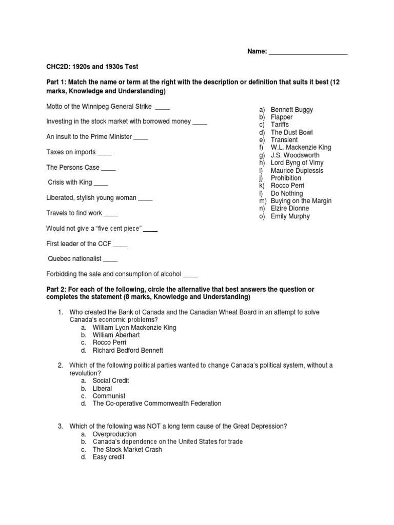 1920s and 1930s Unit Test - Final | PDF | Canada | Economics
