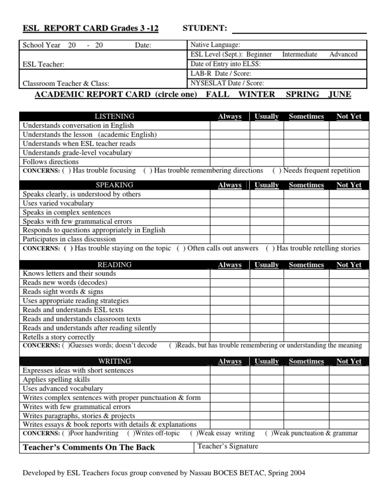 Esl Report Card Grades 3 - 12 | PDF | English Language | Vocabulary