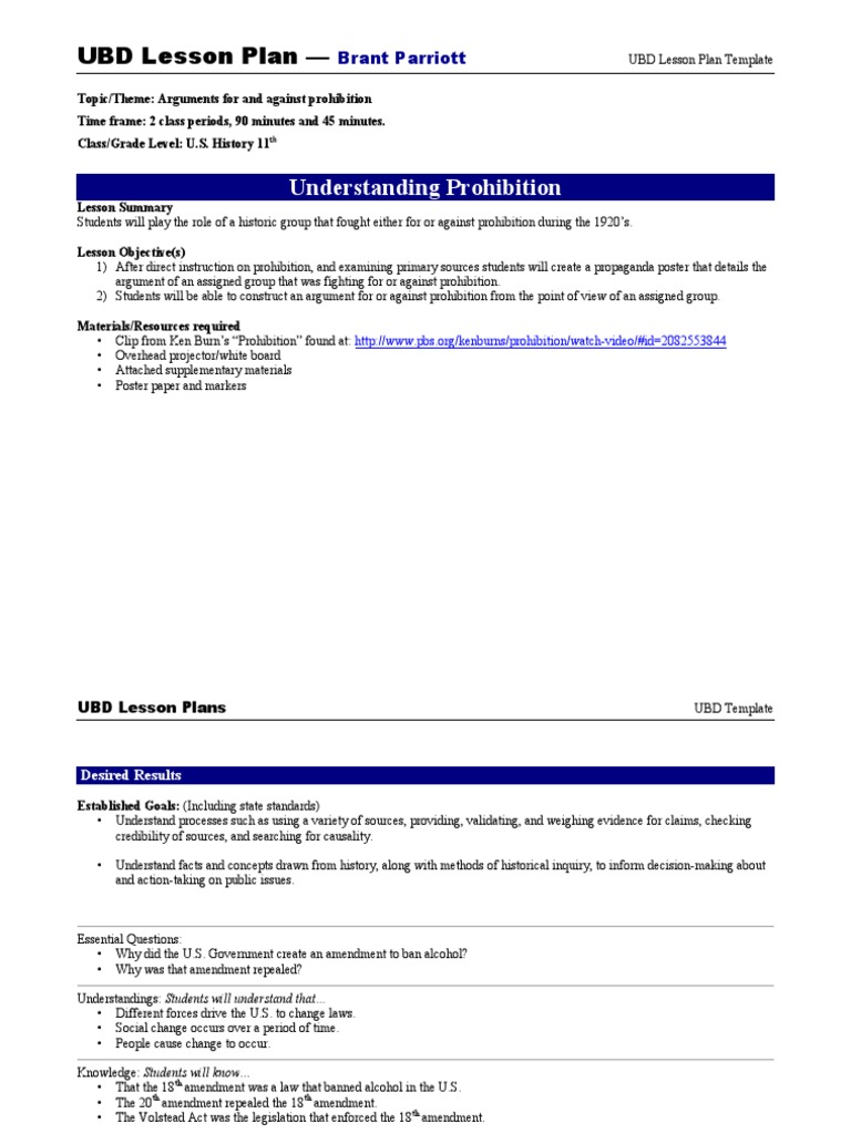 Prohibition Differentiation Lesson | PDF | Lesson Plan | Learning