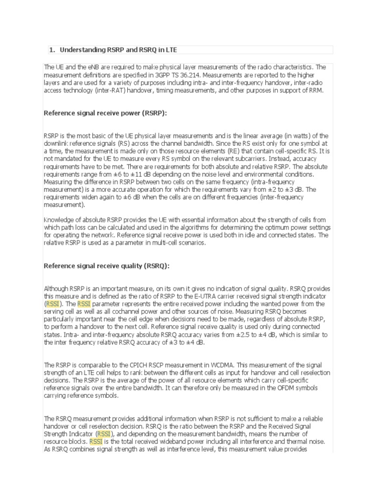 Understanding RSRP and RSRQ in LTE | PDF | Bandwidth (Signal Processing) | Telecommunications ...