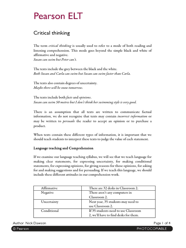 Critical Thinking: © Pearson Photocopiable | PDF | Critical Thinking ...