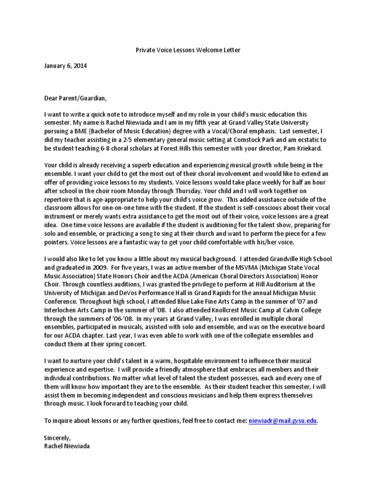 Private Voice Lessons Welcome Letter | PDF | Vocal Pedagogy | Choir