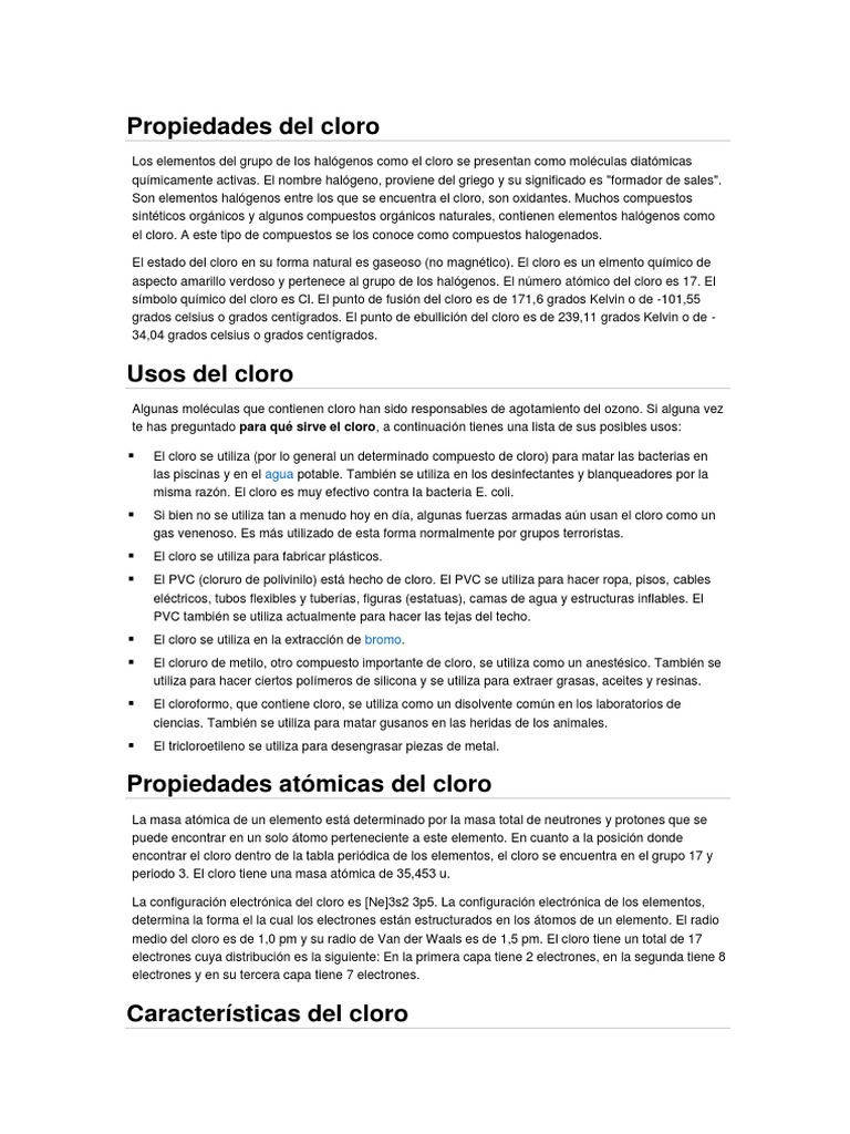 Propiedades Del Cloro Pdf Cloro Elementos Químicos