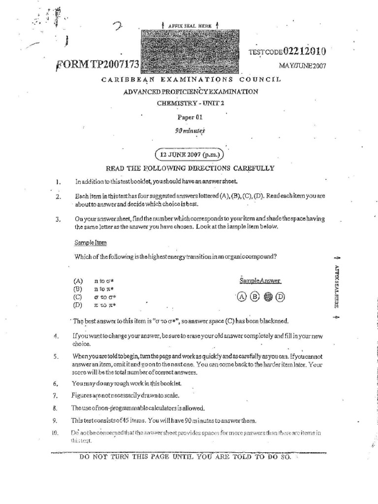 Cape Chemistry Unit 2 Paper 1 2007 Pdf