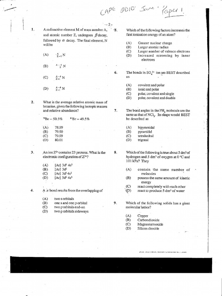 Cape Chemistry Unit 1 Paper 1 - 2010 | PDF