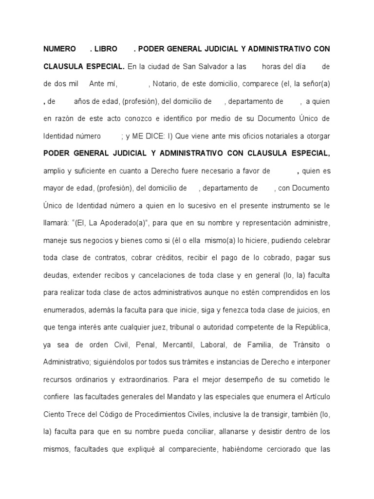 Poder General Judicial y Administrativo Con Cláusula Especial | PDF ...