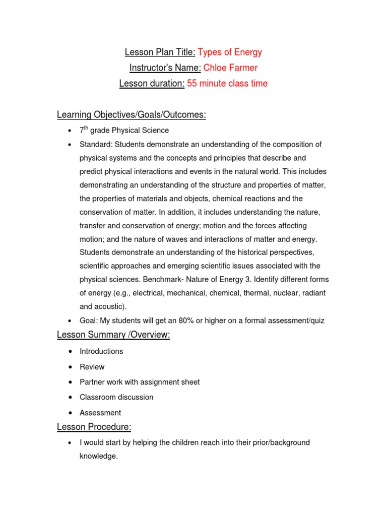 Lesson Plan Title: Instructor's Name: Lesson Duration:: Types of Energy ...