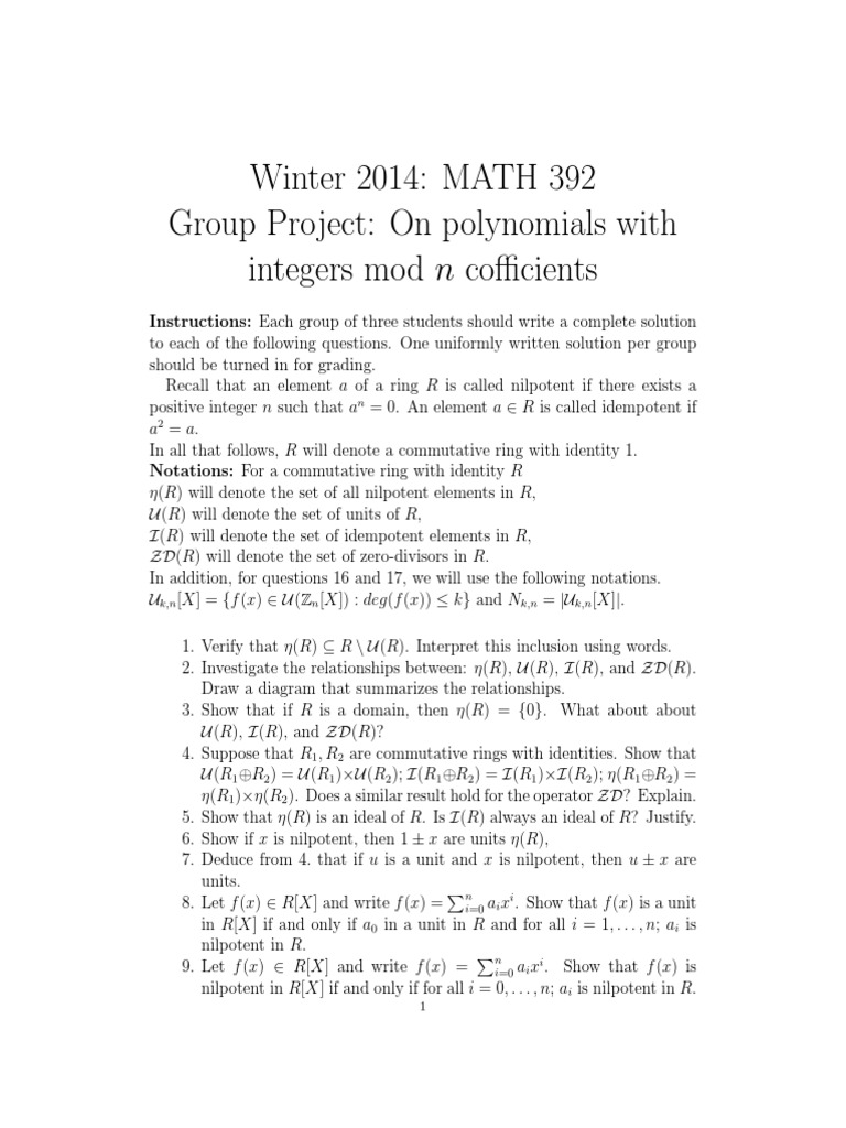 Winter 2014: MATH 392 Group Project: On Polynomials With Integers Mod N ...