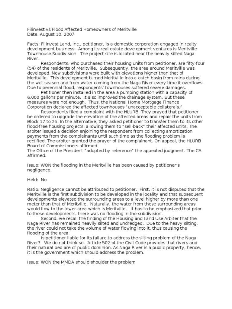 Filinvest Vs Flood Affected Homeowners of Meritville | PDF | Flood ...