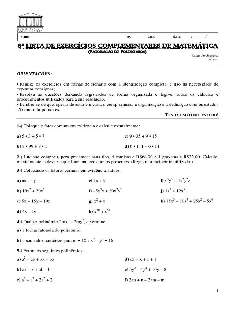 8 Lista de Exercicios Complementar de Matematica Fatoracao Professora Michelle 8 Ano | PDF ...