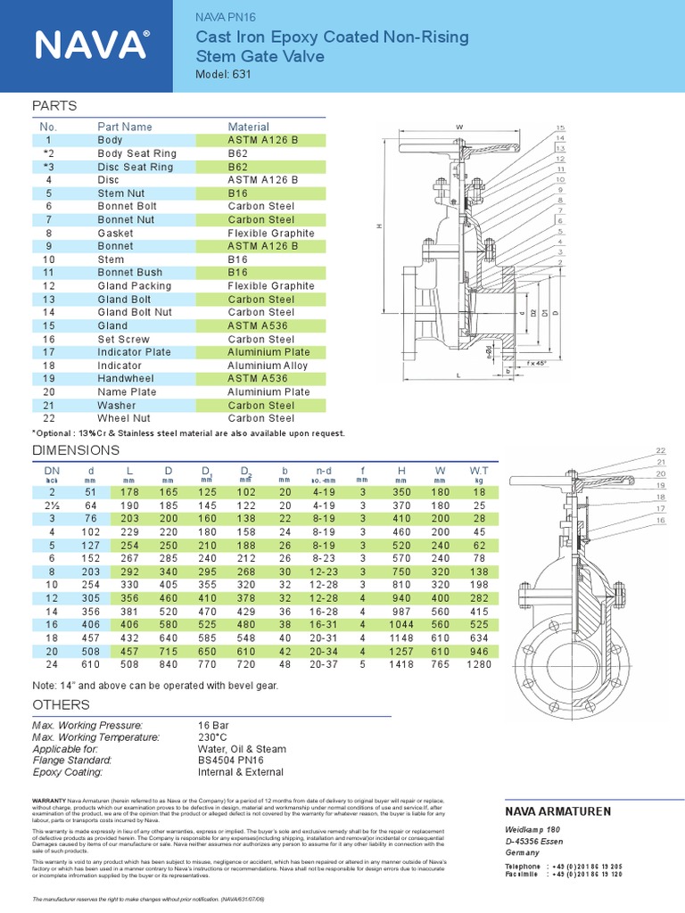 Nava Cast Iron PN16 Gate Valve 631 | PDF | Valve | Product Liability