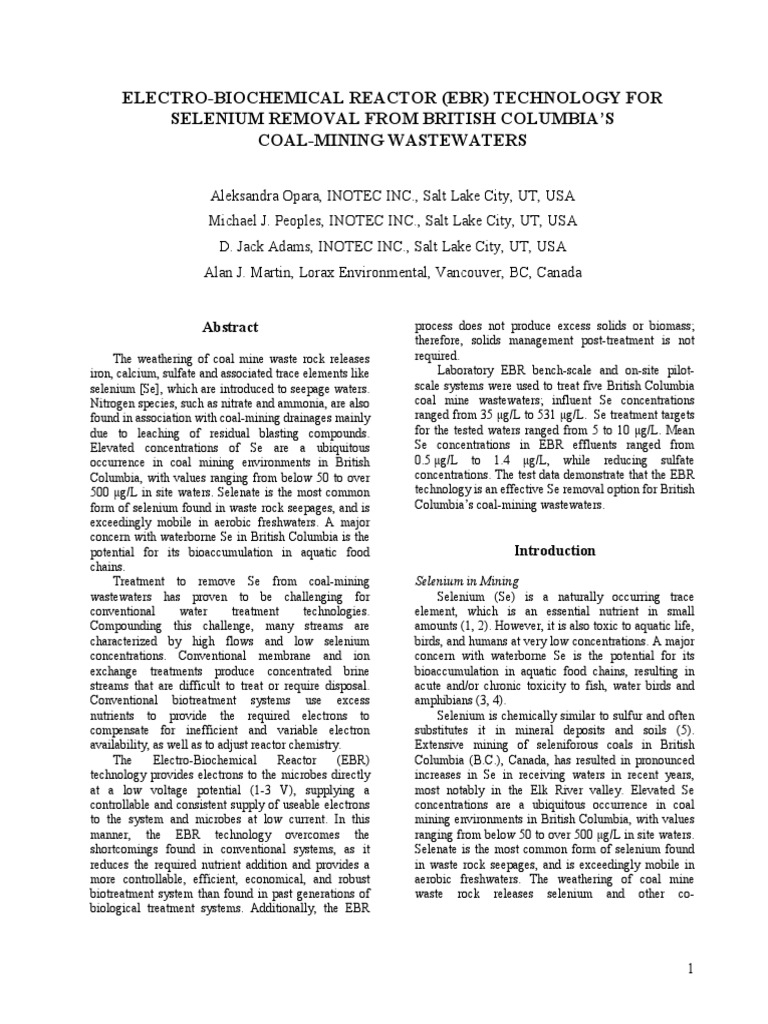 Selenium Removal - Coal Mine Water - INOTEC-SME2014 PDF | PDF ...