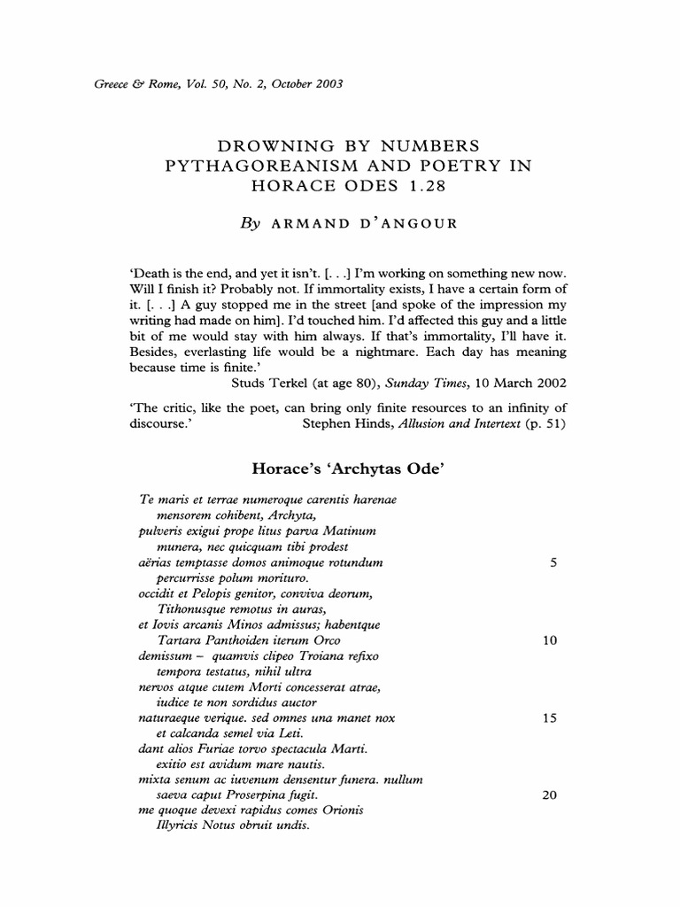 Armand D'Angour - 2003 - Drowning by Numbers Pythagoreanism and Poetry ... Armand D'Angour - 2003 - Drowning by Numbers Pythagoreanism and Poetry ...